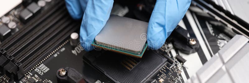Engineer Hand Sets the Processor To the Motherboard Stock Image - Image ...