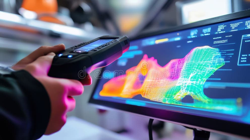 Engineer Using Scanner and Computer with Futuristic Software for ...