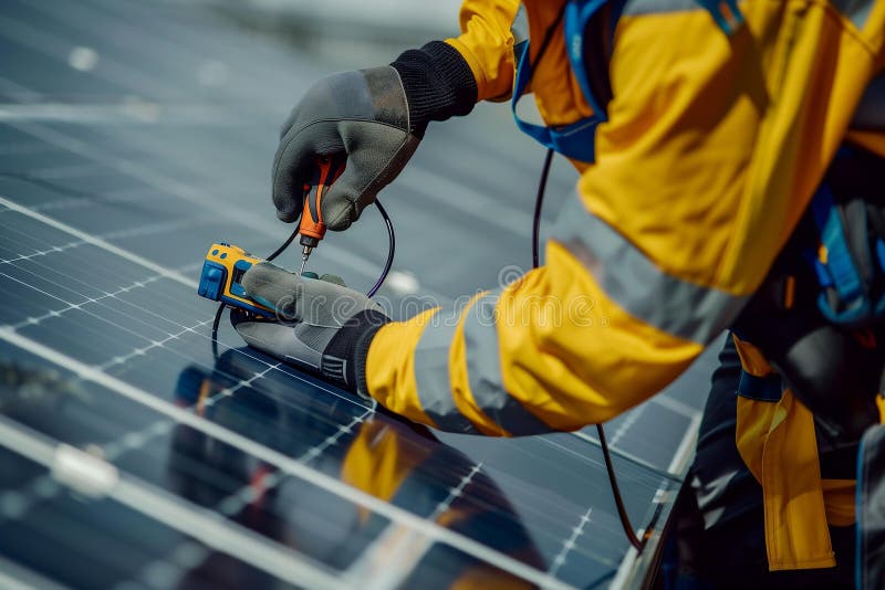 Close Up of Engineer Installing Solar Panels on the Rooftop. Electrical ...