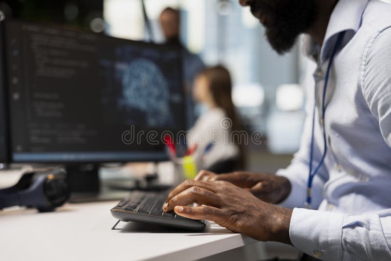 Close Up of Engineer Typing on PC Keyboard, Coding with AI Stock Photo - Image of computer ...