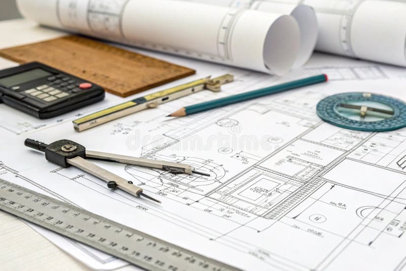 Engineering (Architecture) Drawings with Engineering Instruments on it ...