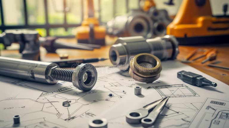 Close-up of Engineering Components and Blueprints on a Workbench ...