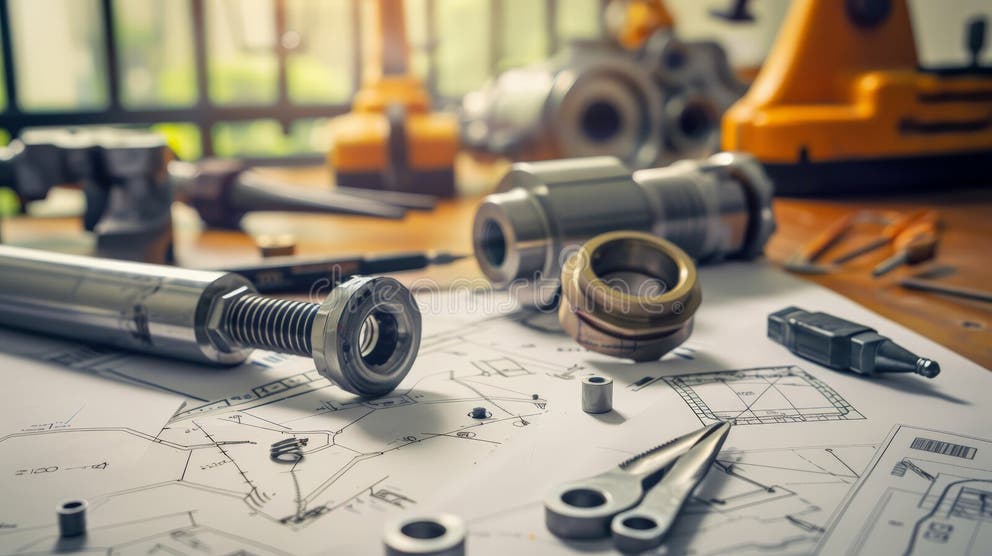 Close-up of Engineering Components and Blueprints on a Workbench ...