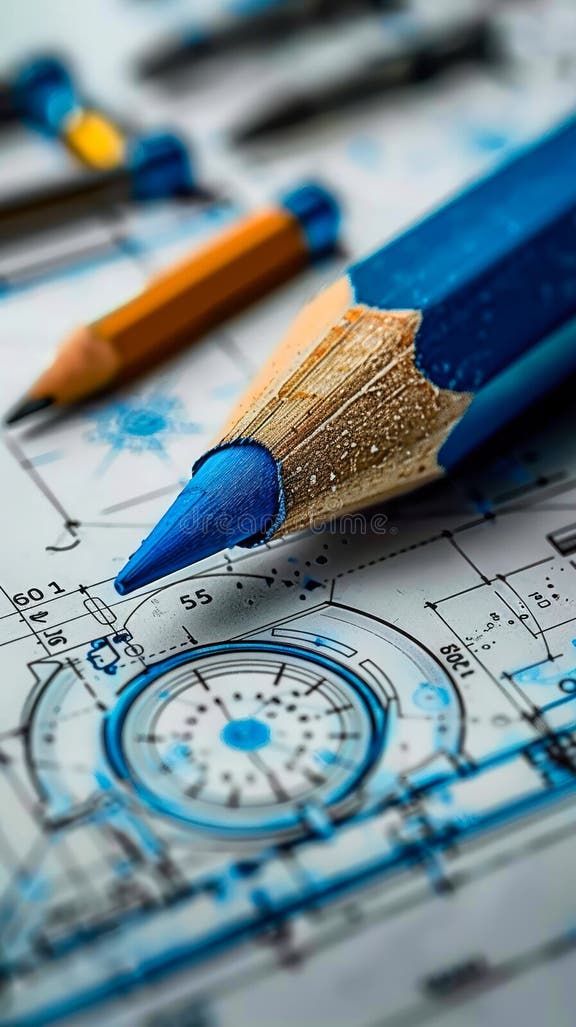 Close-up of Engineering Drafting Tools with a Blue Pencil on Mechanical ...