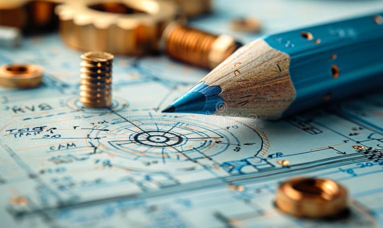 Close-up of Engineering Drafting Tools with a Blue Pencil on Mechanical ...