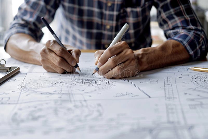 Closeup of an Engineers Hands Sketching a New Project on Drafting Paper ...