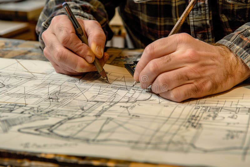 Closeup of an Engineers Hands Sketching a New Project on Drafting Paper ...