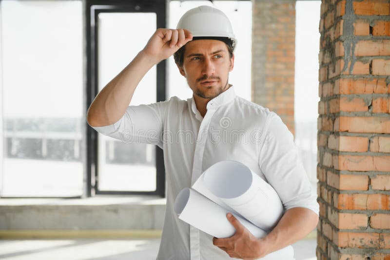 Close Up Engineers Working on a Building Site Holding a Blueprints ...