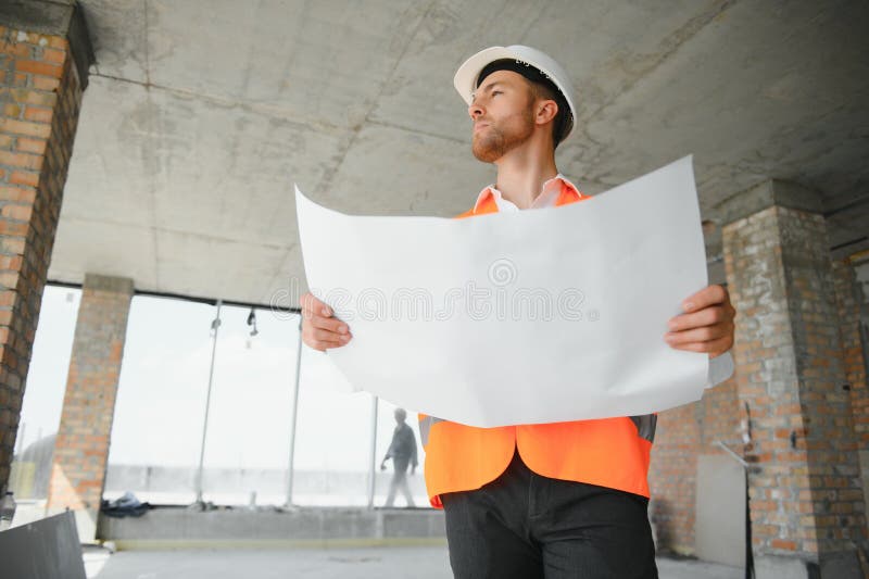 Close Up Engineers Working on a Building Site Holding a Blueprints ... Close Up Engineers Working on a Building Site Holding a Blueprints ...