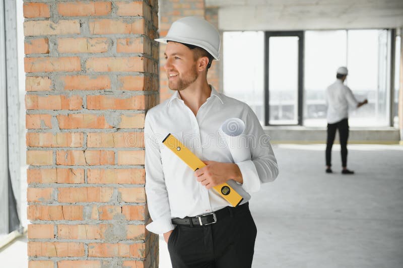 Close Up Engineers Working on a Building Site Holding a Blueprints ...