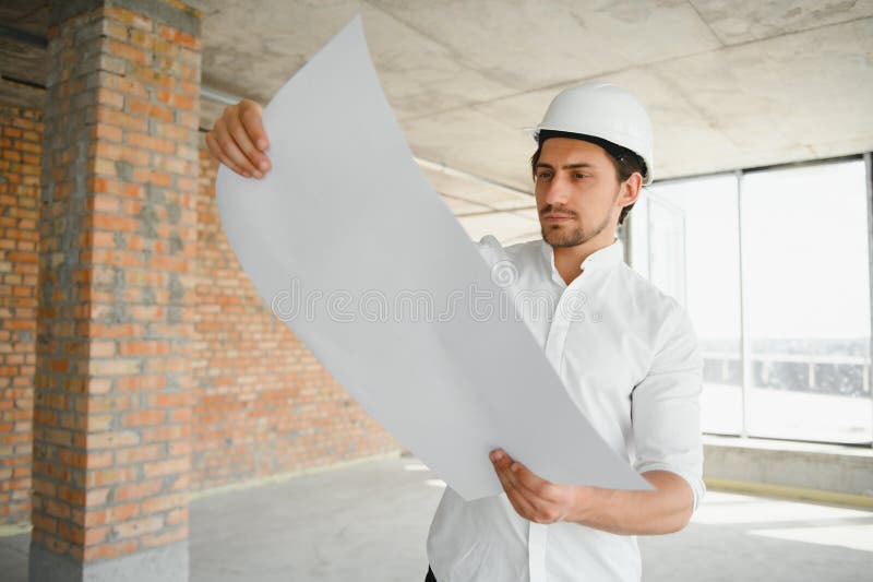 Close Up Engineers Working on a Building Site Holding a Blueprints ...