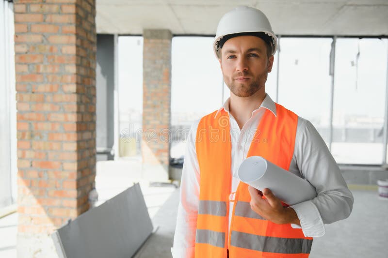 Close Up Engineers Working on a Building Site Holding a Blueprints ...