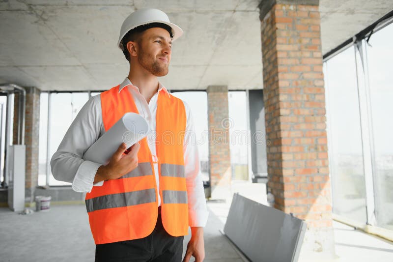 Close Up Engineers Working on a Building Site Holding a Blueprints ...
