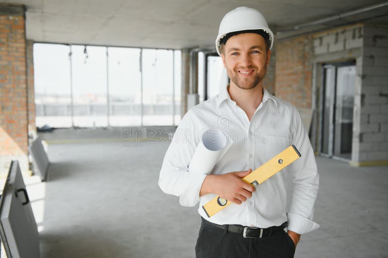 Close Up Engineers Working on a Building Site Holding a Blueprints ...