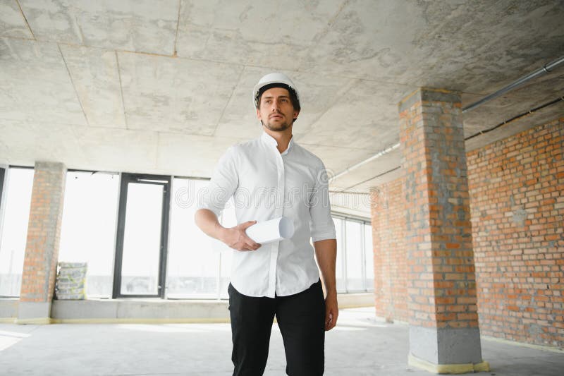 Close Up Engineers Working on a Building Site Holding a Blueprints ...