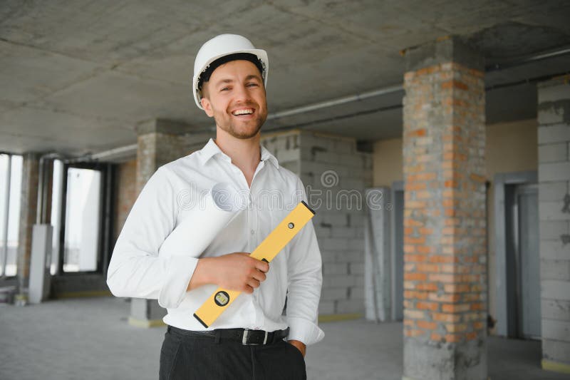Close Up Engineers Working on a Building Site Holding a Blueprints ...