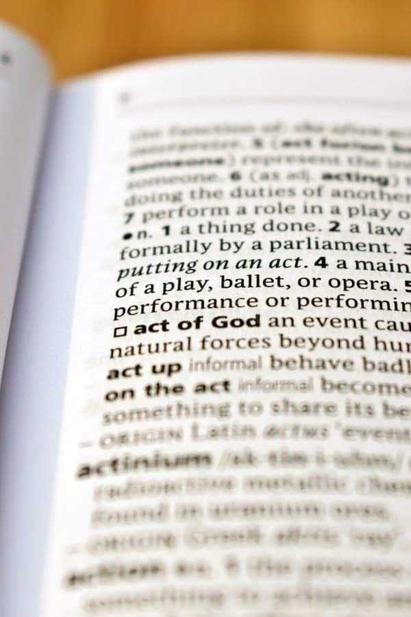 Close Up of English Dictionary Page with Definition Word - Act of God ...