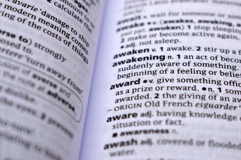 Close Up of English Dictionary Page with Definition Word -Award Stock ...