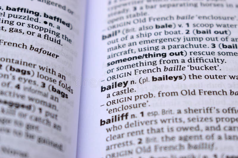Close Up of English Dictionary Page with Definition Word -Bailey Stock ...