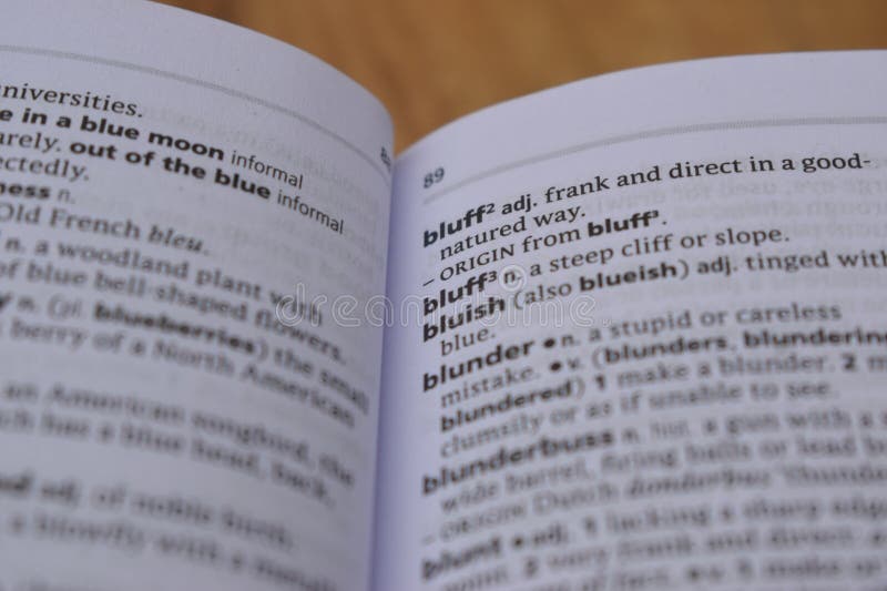 Close Up of English Dictionary Page with Definition Word -Bluff Stock ...