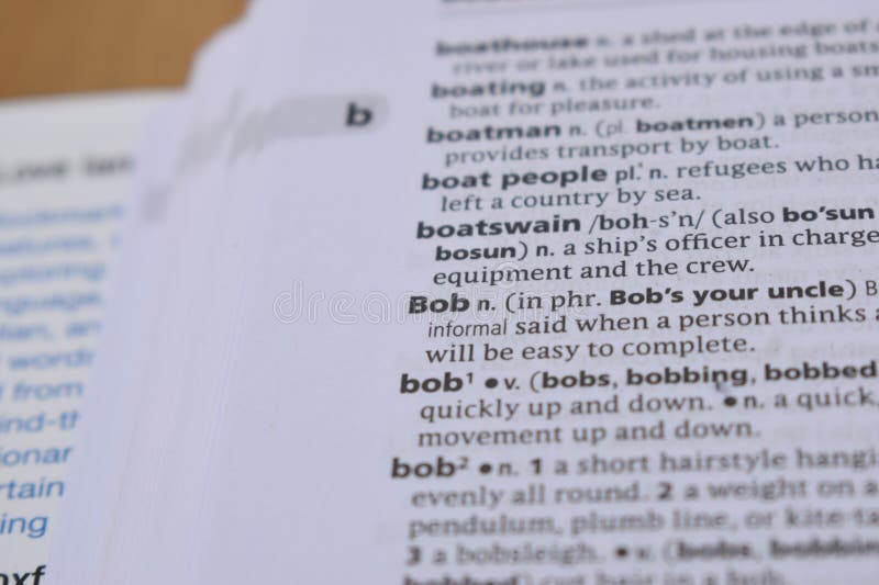 Close Up of English Dictionary Page with Word - Bob Stock Illustration ...