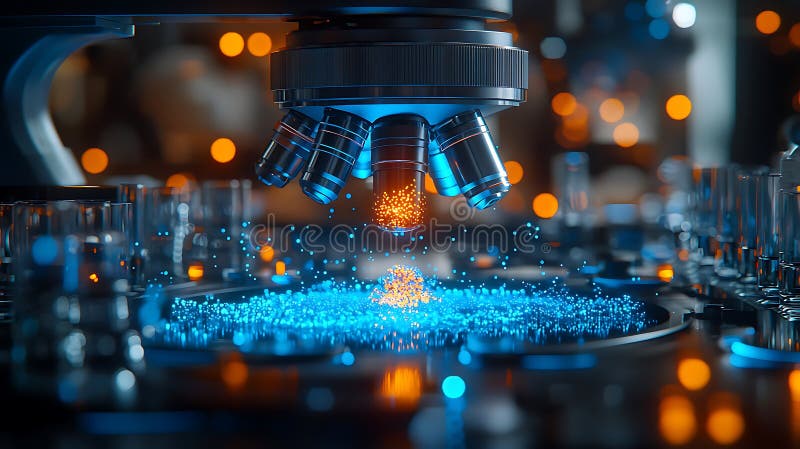 Close Up of Enzyme Cultures Glowing Under Microscope with Vibrant ...