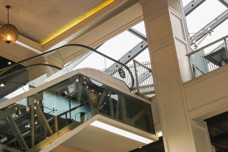 Escalator on the Second Floor in Shopping Mall Stock Photo - Image of ...