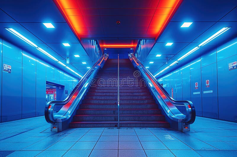 Close Up of an Escalator in a Subway Station with Blue Walls Stock ...