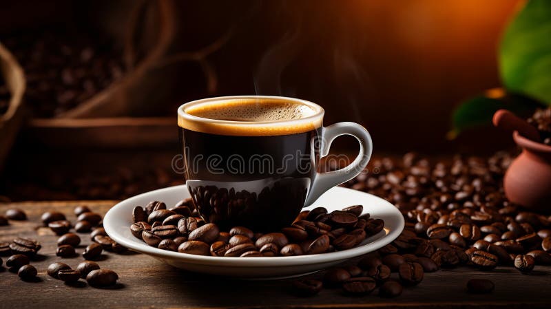 Close Up of Espresso Coffee Cup with Freshly Roasted Coffee Beans on ...