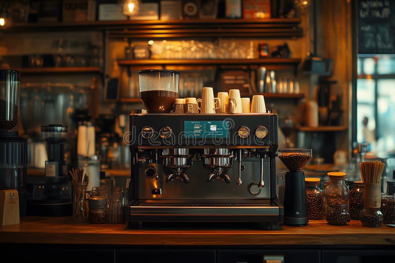 A Close Up of an Espresso Machine in the Bar of a Cafeteria. Several ...