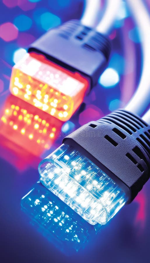 Close Up of Ethernet Cables with Flashing LED Lights, Data Transfer ...