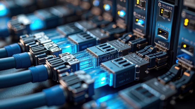 Close-up of Ethernet Cables and Network Switch Ports with Blue Led ...
