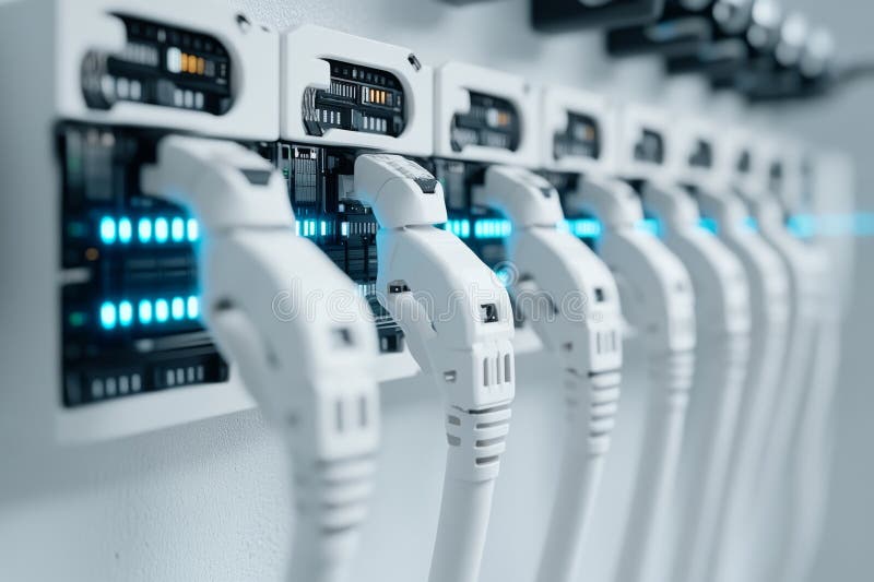 Close Up of Ethernet Ports and Connected Cables in a Modern Server Room ...