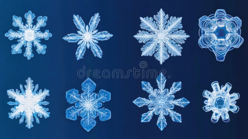 Close-up Examination of Unique Snowflakes Under Microscope with Blue ...