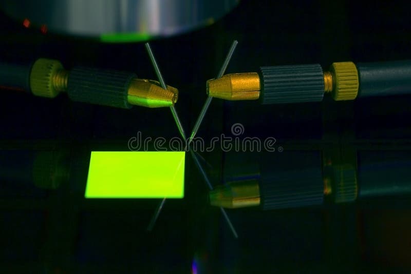 Close Up of Examining a Sample of OLED Display with Probe Station Under ...