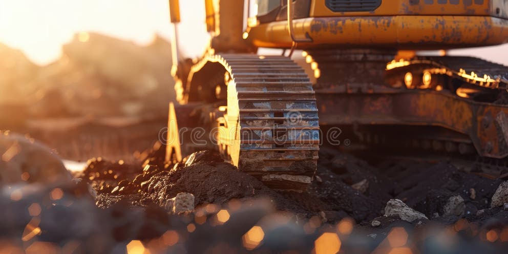 Close Up of Excavator Tracks at Sunset. Created by Generative ...