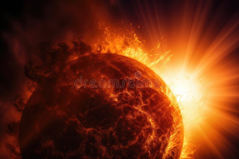 Close-up of Exploding Sun, with Fiery Flames and Smoke in the ...