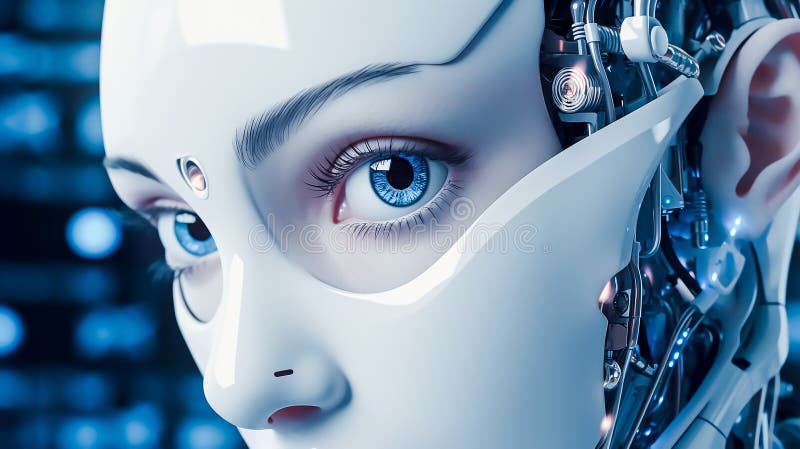 Close Up Eye of AI White Robot, Generative AI Stock Illustration ...
