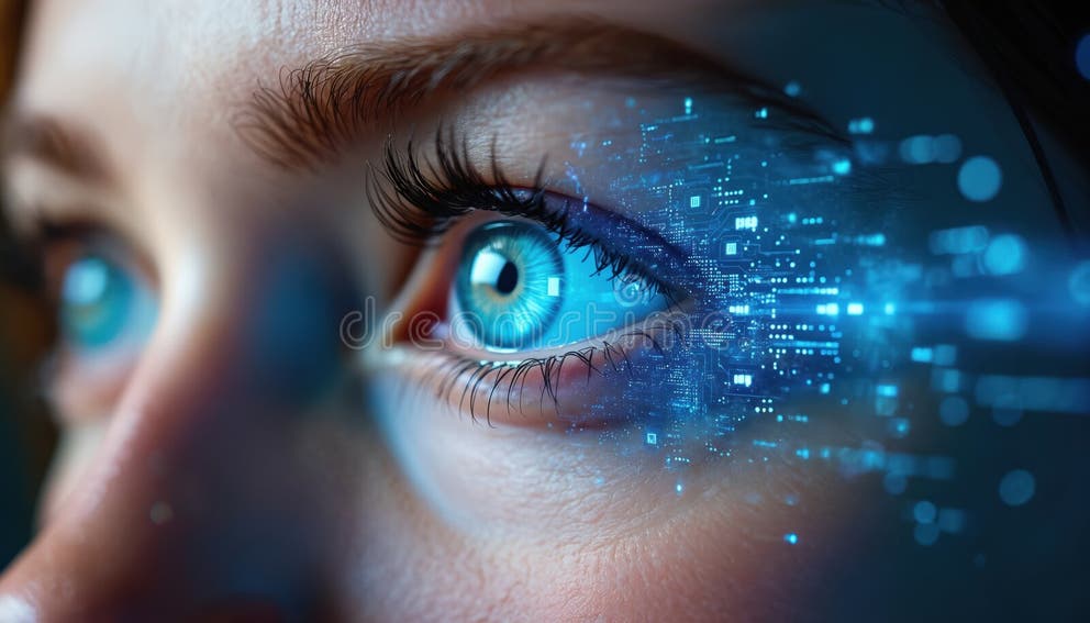 Close-up of Eye with Digital Circuit Board Projections. Concept of Future Technology Artificial ...