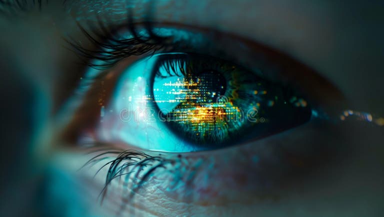 Close-up of an Eye with Digital Code Reflecting in the Iris ...