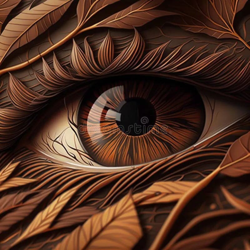 A Close Up of an Eye with Feathers and Leaves Stock Illustration ...