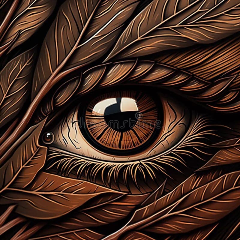 A Close Up of an Eye with Feathers and Leaves Stock Illustration ...