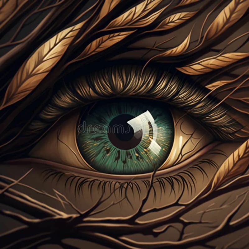 A Close Up of an Eye with Feathers and Leaves Stock Illustration ...