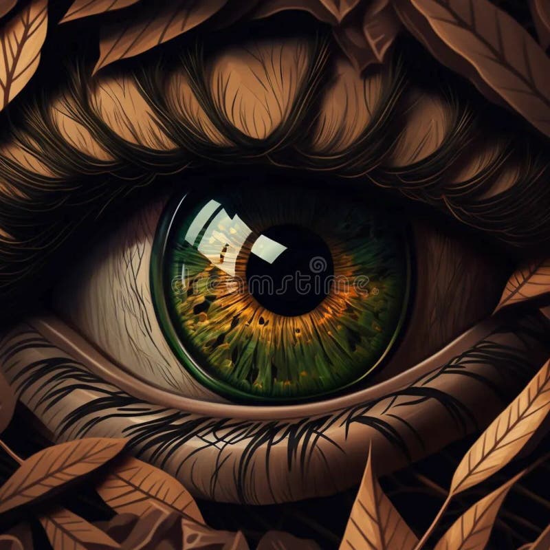 A Close Up of an Eye with Feathers and Leaves Stock Illustration ...