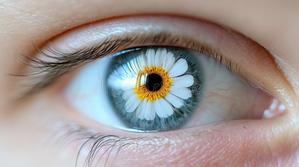 Close Up of Eye Featuring Flower Reflected in Iris, Creating Captivating Visual Stock ...