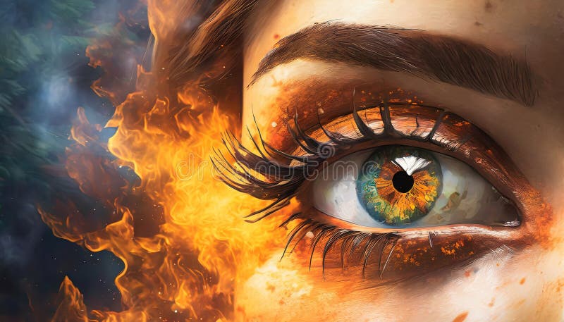 Close-up of an Eye with Flames Reflected in it, Surrounded by a Fire ...