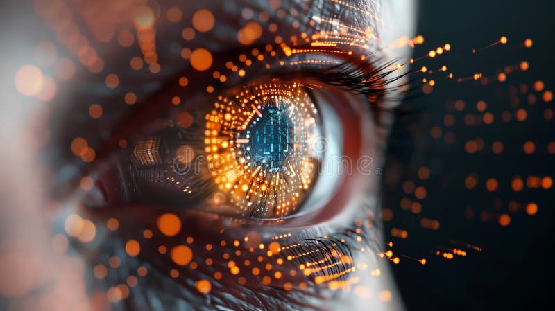 Close-up of an Eye with Glowing Iris and Binary Code Reflections ...
