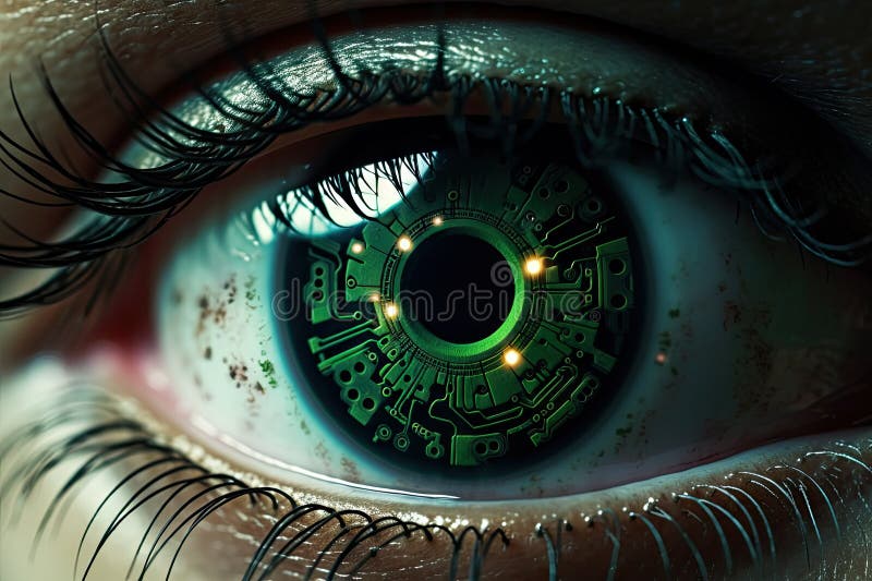 A Close-up of an Eye with a Green, Illuminated Circuit Board Pattern in ...