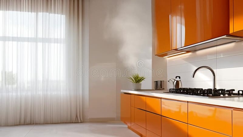 Modern Kitchen Interior with Sleek Orange Cabinets and White Countertop ...