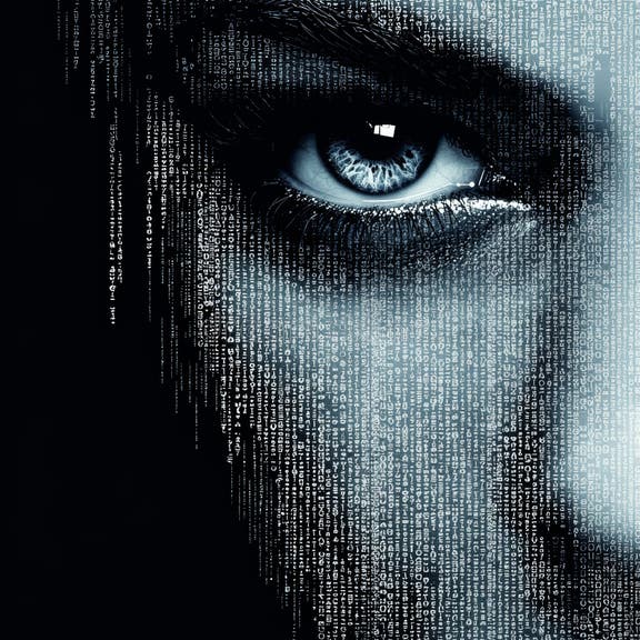 Close-up of an Eye within a Matrix of Binary Code on Dark Background ...